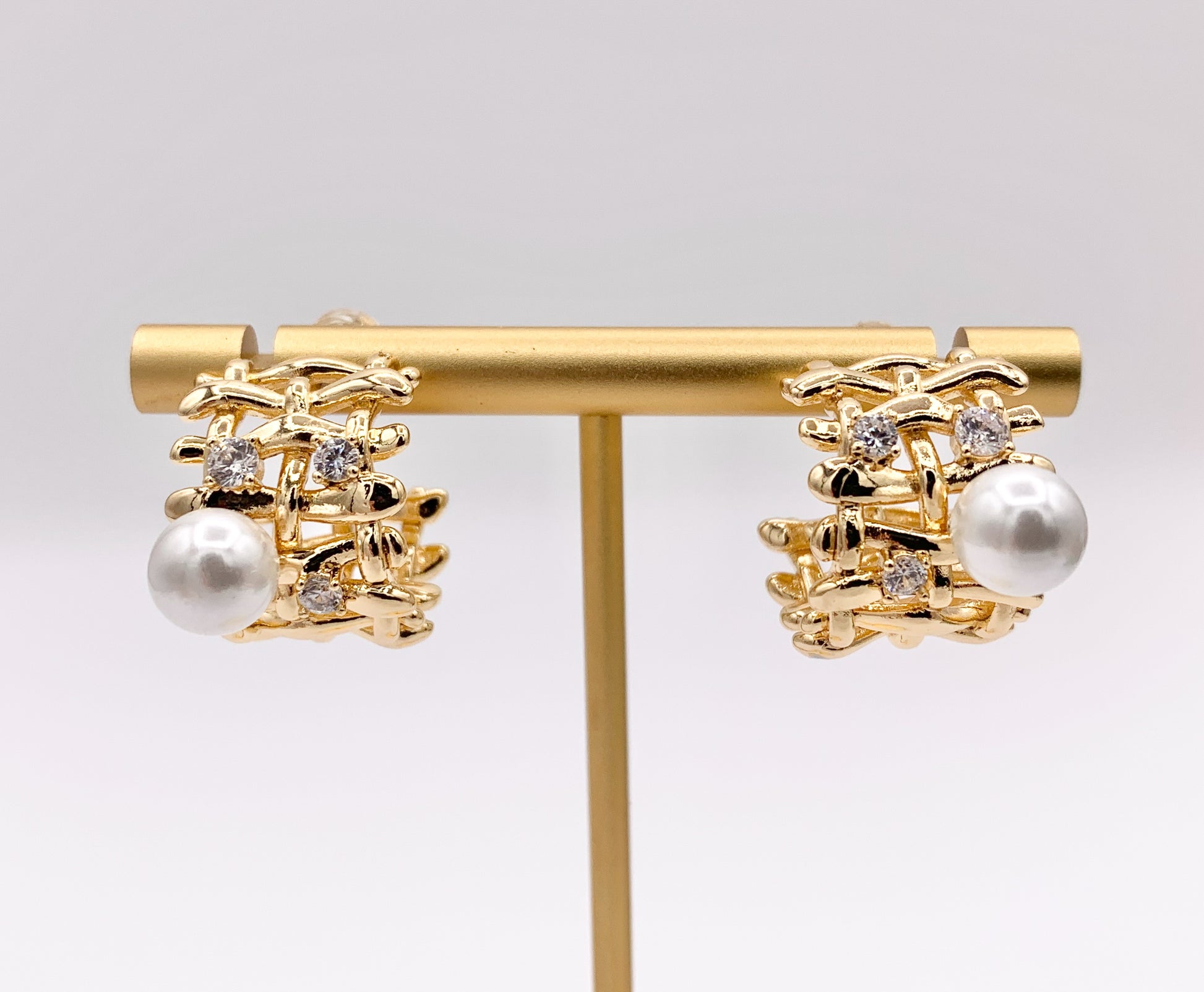 Thick CZ Pave Earring Hoop with Pearl in Real Gold 18K Over Copper 3 P ...