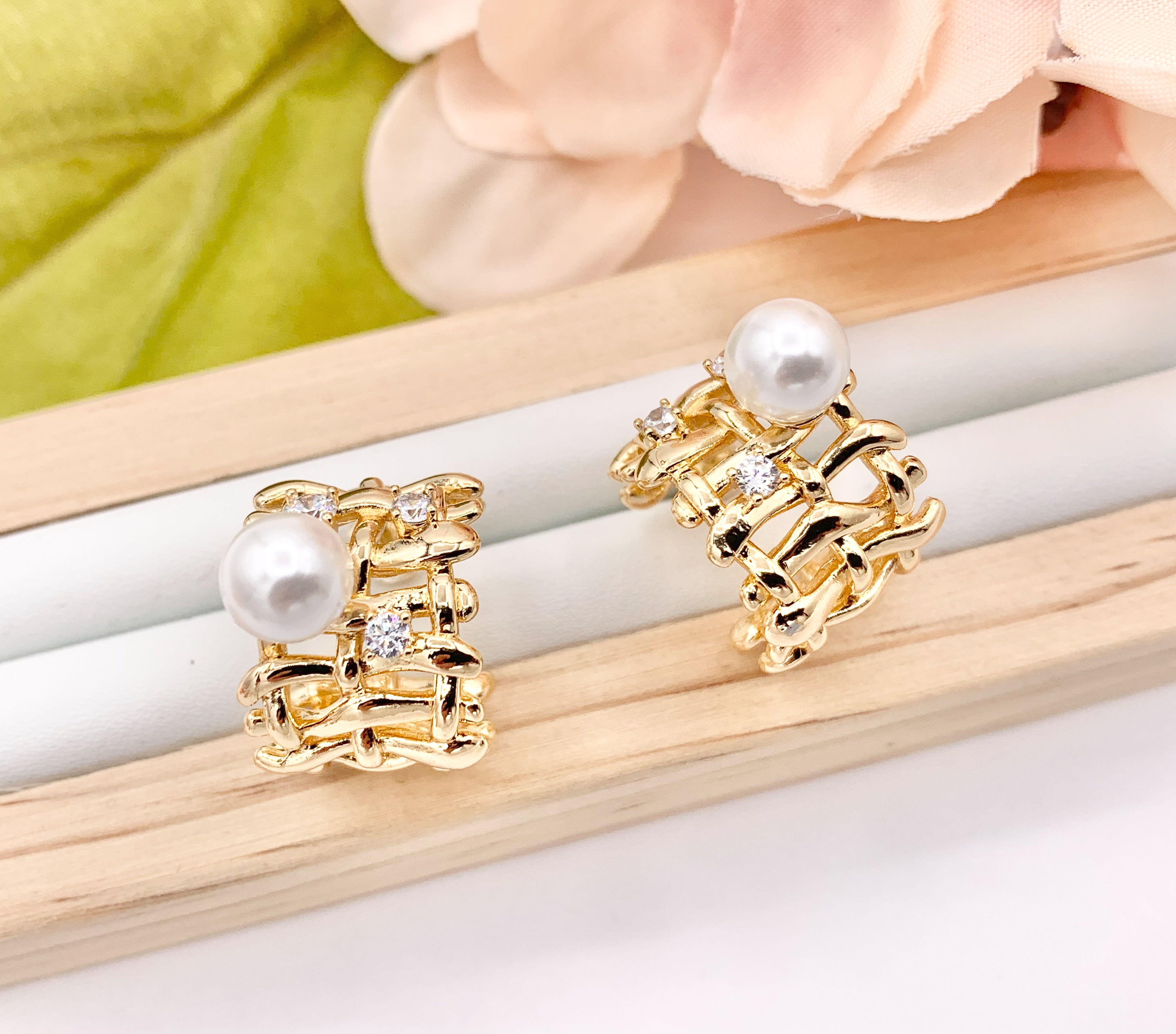 Thick CZ Pave Earring Hoop with Pearl in Real Gold 18K Over Copper 3 P ...